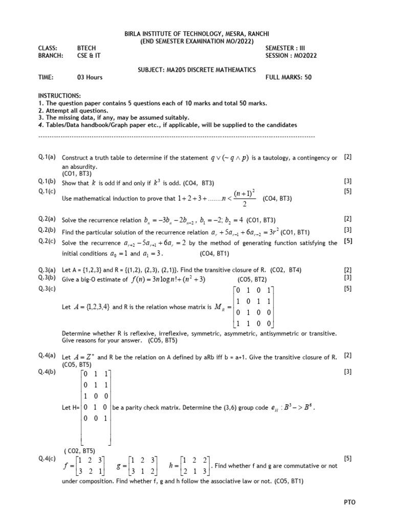 Ma205 Discrete Mathematics (End - Mo22) | PDF | Applied Mathematics | Mathematics