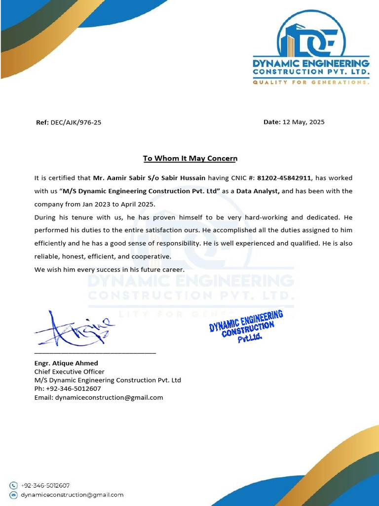 Civil Engineer Experience Letter for Aamir Sabir | PDF