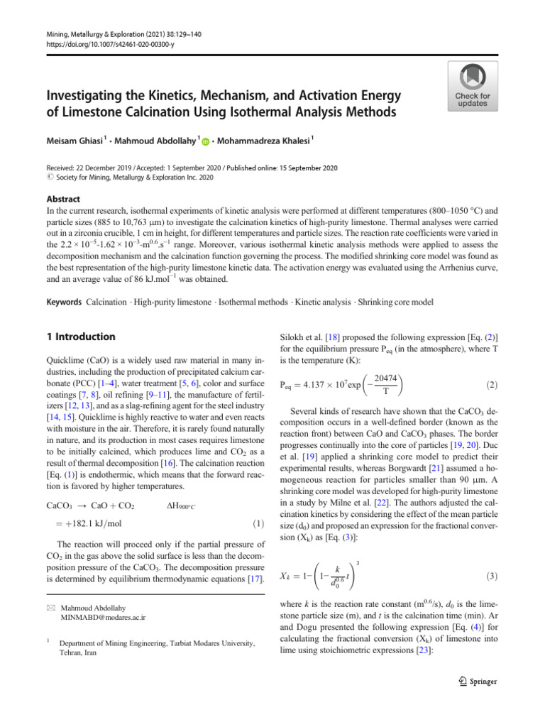 Activation Energy of Limestone Calcination Using Isothermal Analysis ...