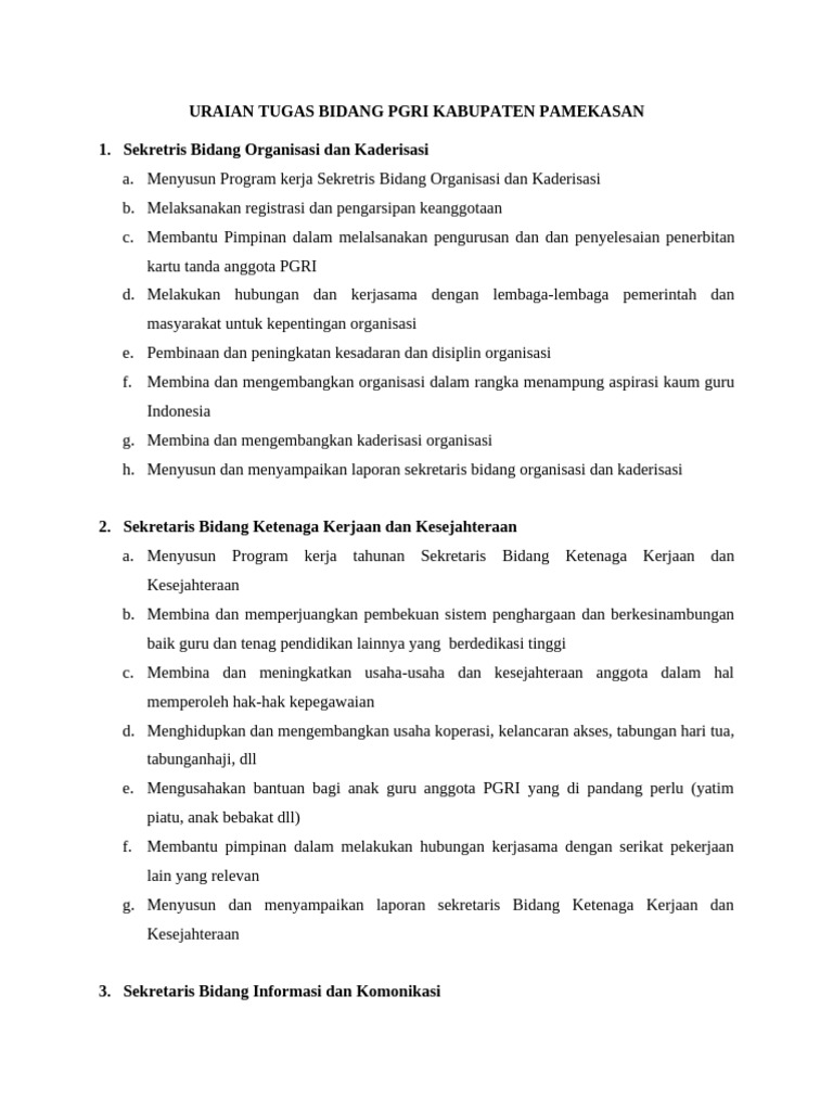 Uraian Tugas Bidang Pgri Kabupaten Pamekasan | PDF