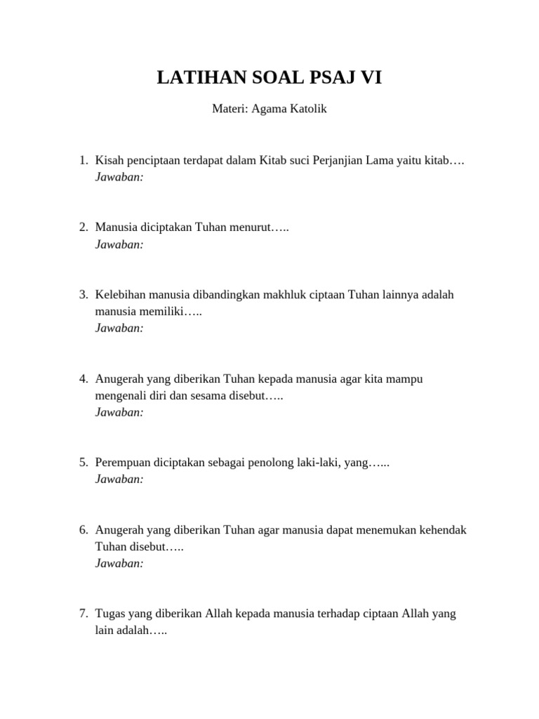 LATIHAN SOAL AGAMA PSAJ VI | PDF