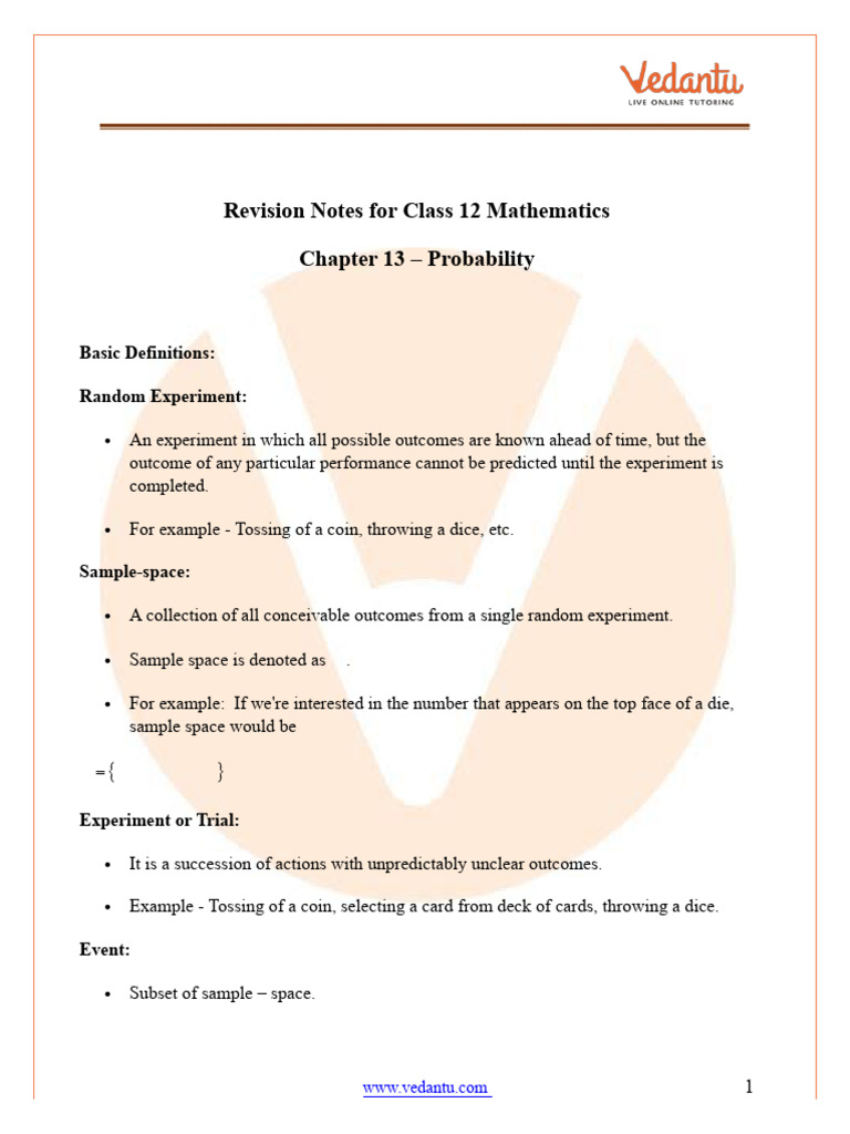 Class 12 Probability Revision Notes | PDF | Variance | Expected Value