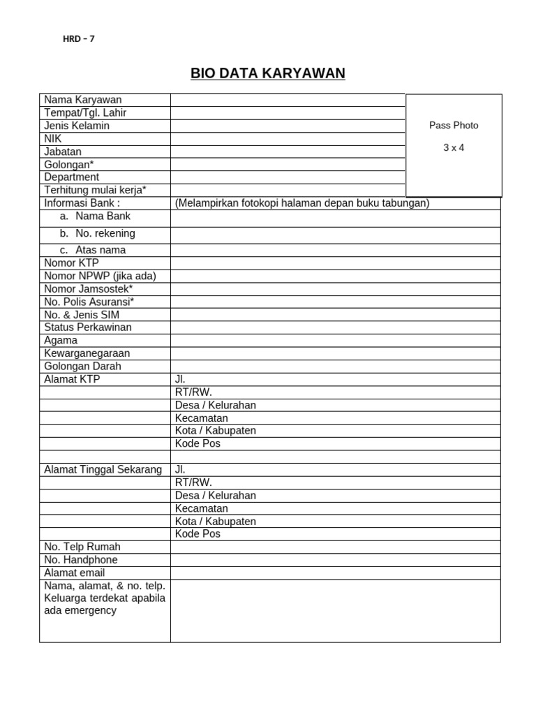 HRD - 7 FORM BIODATA KARYAWAN - HARIAN | PDF