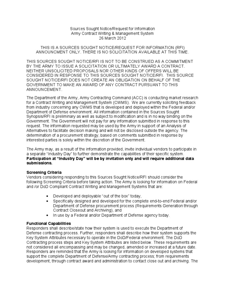 Sources Sought Notice/Request for Information Army Contract Writing ...