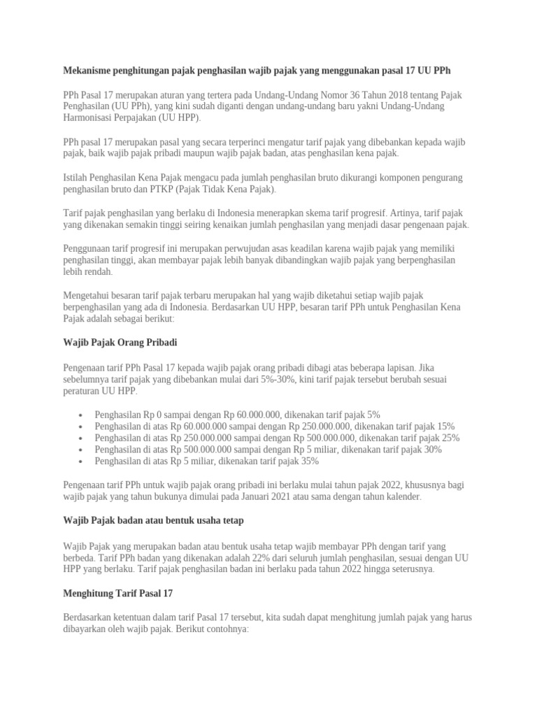 Mekanisme Penghitungan Pajak Penghasilan Wajib Pajak Yang Menggunakan Pasal 17 UU PPH | PDF