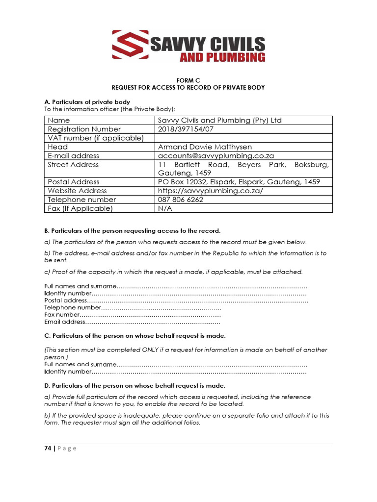 SCP Request For Access To Record of Private Body Form C | PDF