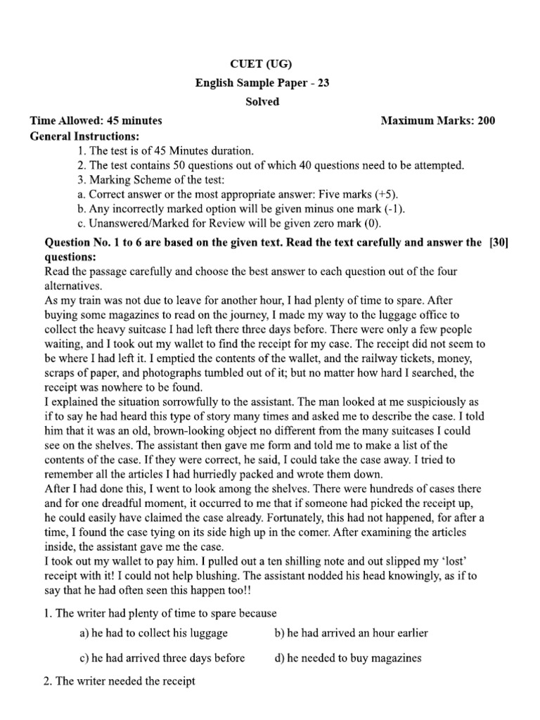 CUET UG English Sample Paper 23 | PDF