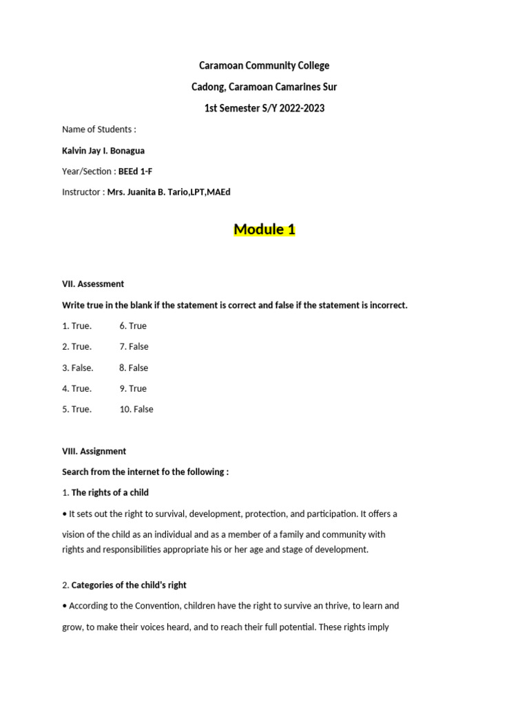 Child Adoloscent (Prof Ed. Module 1) Kalvinjaybonagua | PDF