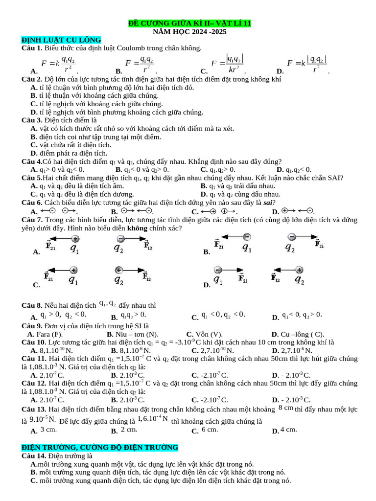 De Cuong On Tap Giua HK2 Vat Li 11 24 25 | PDF