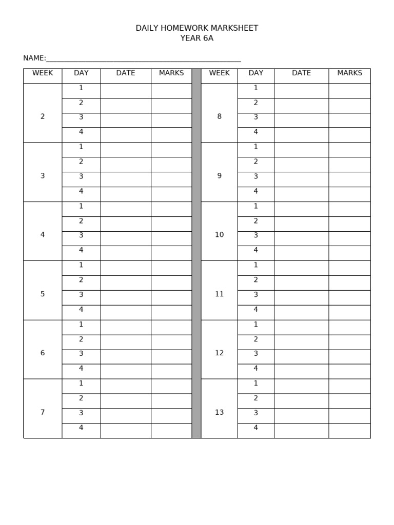 Daily Homework Marksheet Personal | PDF