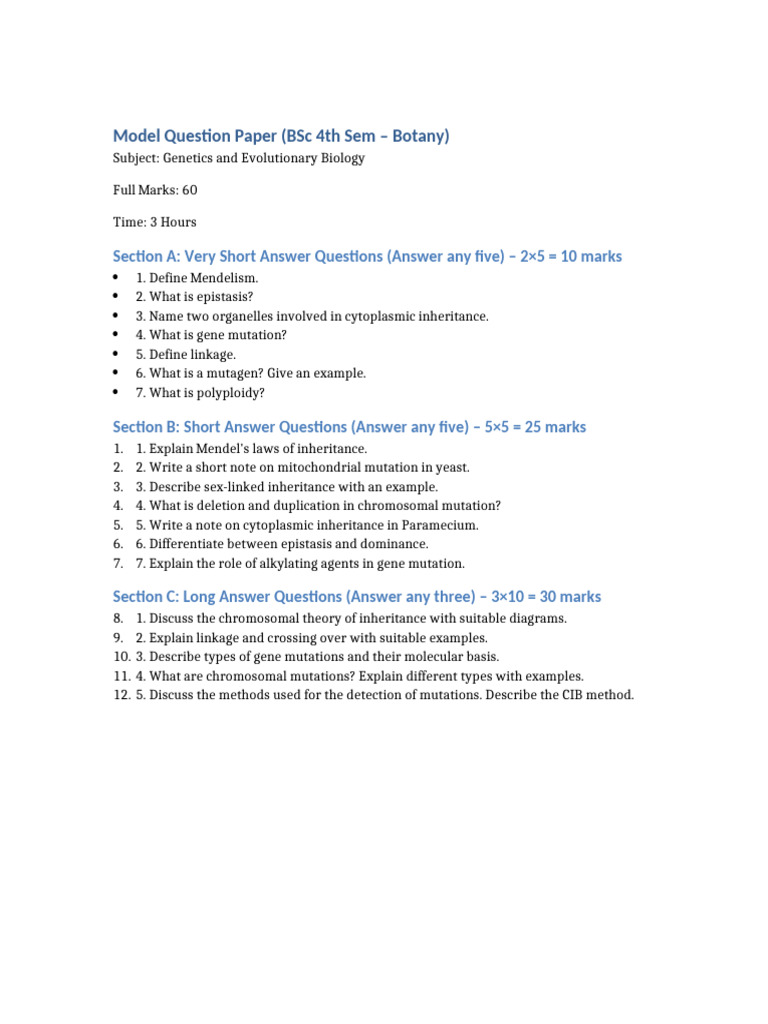 BSc 4th Sem Botany Genetics Paper | PDF