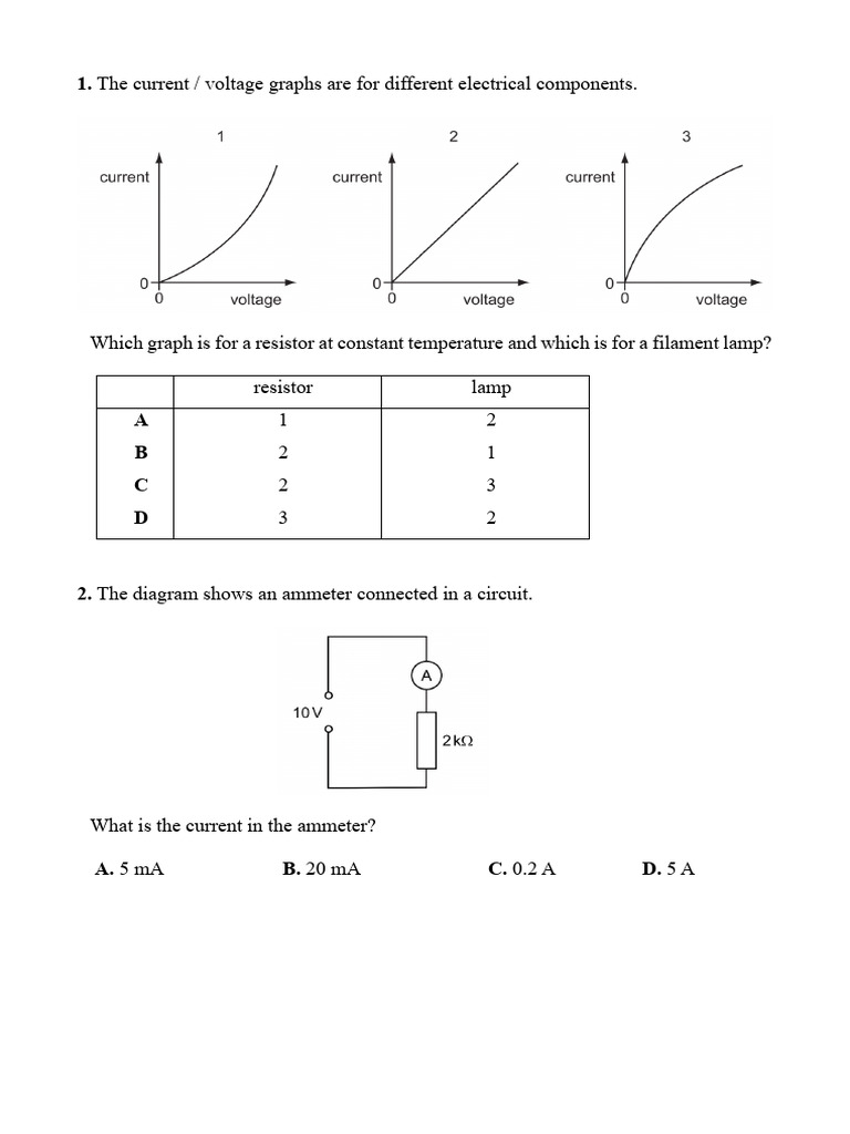 Electrical Components and Circuit Questions | PDF | Electric Current ...