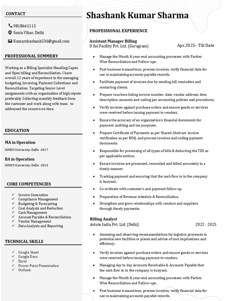 Shashank Sharma - Assistant Manager Billing | PDF | Accounts Payable | Invoice