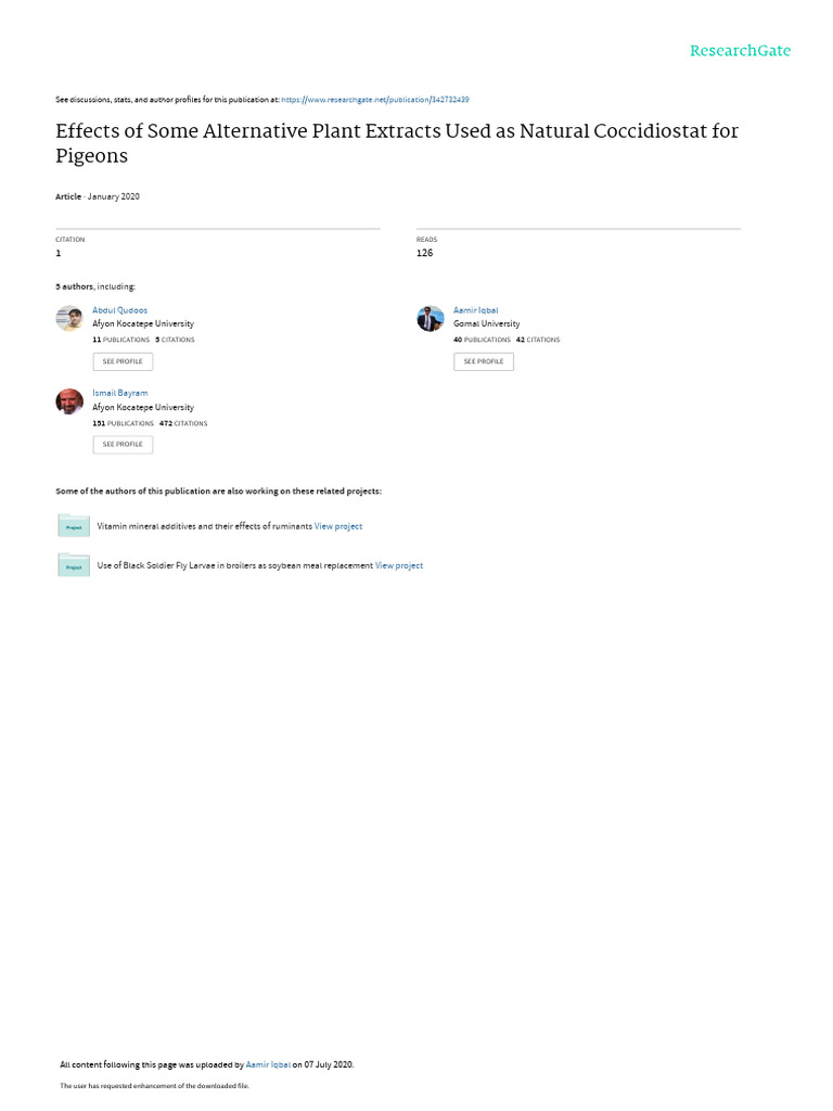 Effects of Some Alternative Plant Extracts Used As Natural Coccidiostat For Pigeons | PDF | Diarrhea