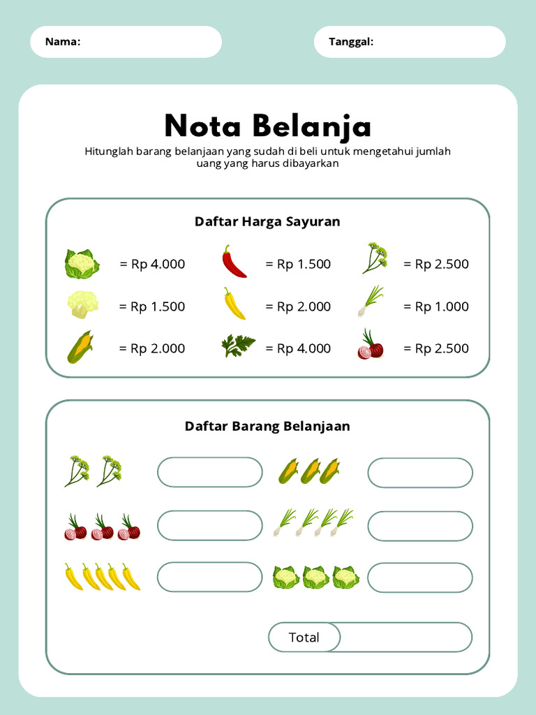 Lembar Kerja Matematika Belajar Menghitung Uang Nota Belanja Sederhana ...