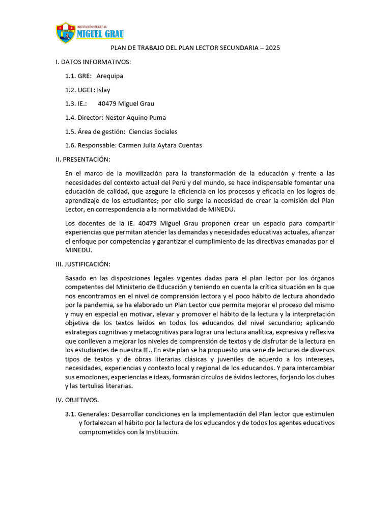 Plan de Trabajo Del Plan Lector Secundaria 2025 | PDF | Enseñando | Escuelas