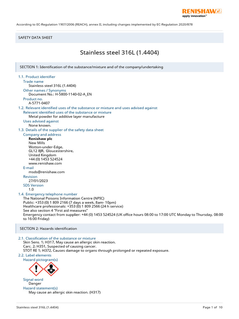 H-5800-1140-02-A en Stainless Steel 316L 1-4404 Powder Safety Data ...
