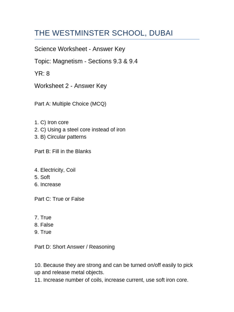 Magnetism Worksheet 2 Answer Key | PDF