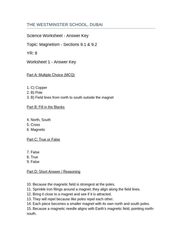 Magnetism Worksheets 1 Answer Key | PDF