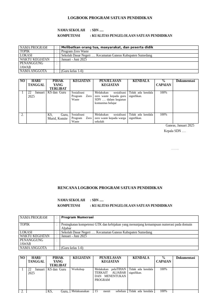 Logbook - Program Sekolah | PDF