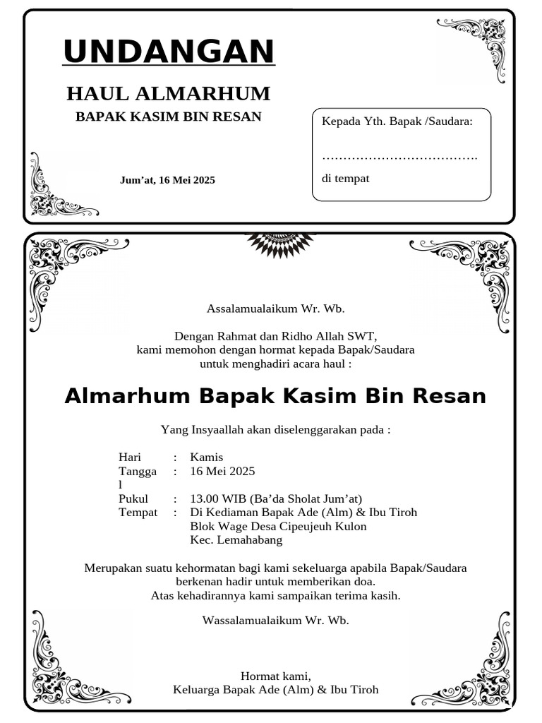 Undangan Haul BPK Asmari Ibu Mustiah | PDF
