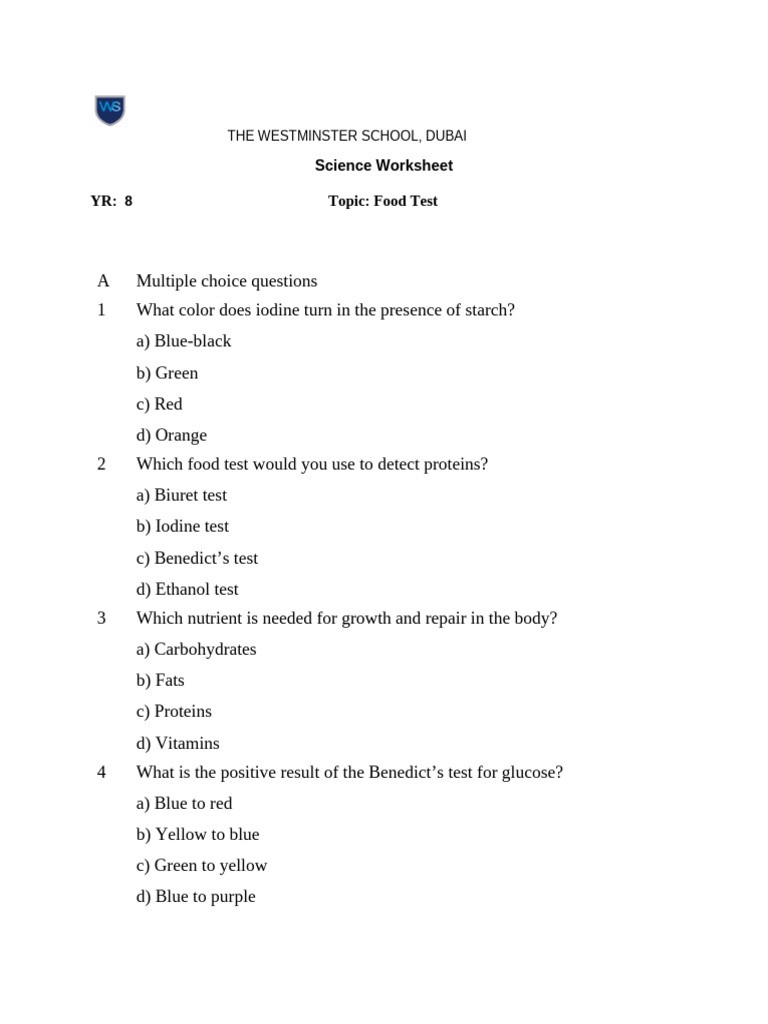 Year 8 Food Test Science Worksheet | PDF