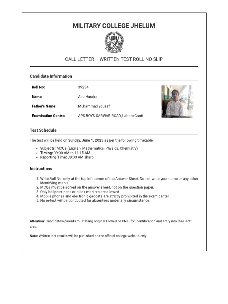 Roll No Slip - MCJ | PDF