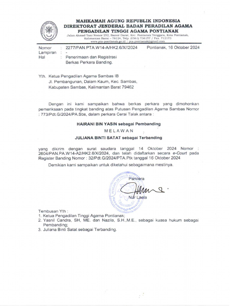 2277 Surat Pengantar Register Perkara No. 32 Ke PA Sambas | PDF
