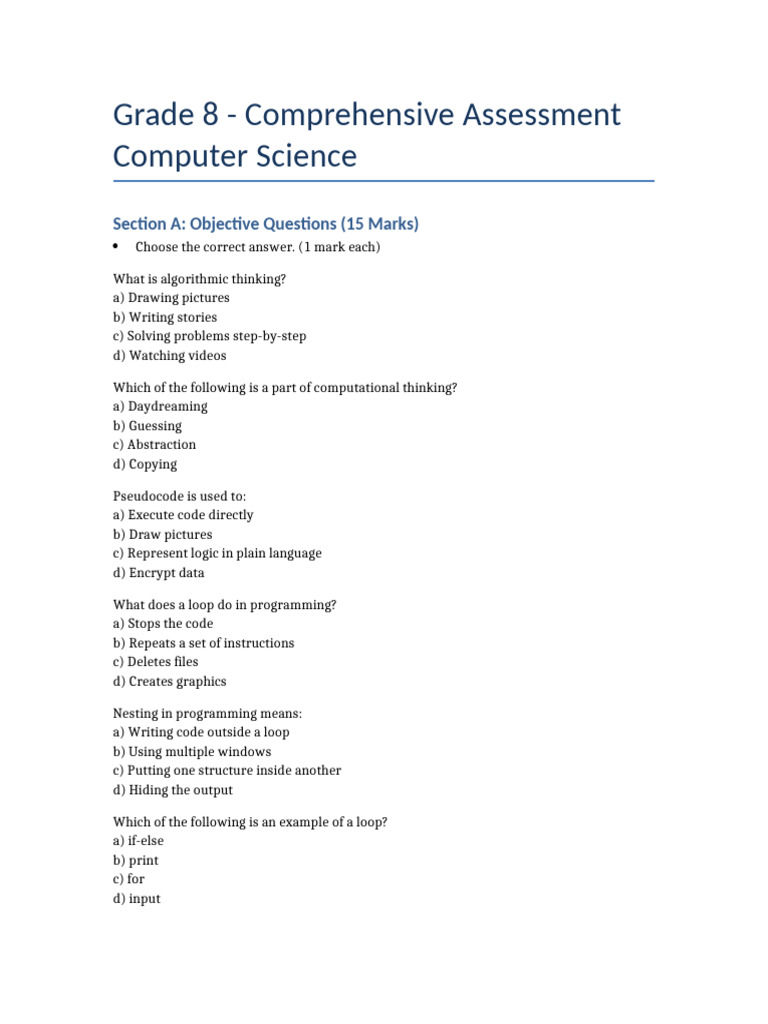 Grade 8 Computer Science Assessment | PDF | Control Flow | Computer ...