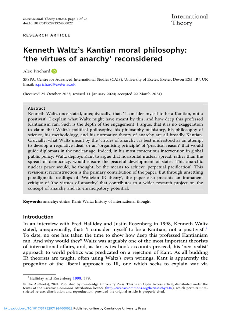 Kenneth Waltzs Kantian Moral Philosophy The Virtues of Anarchy ...