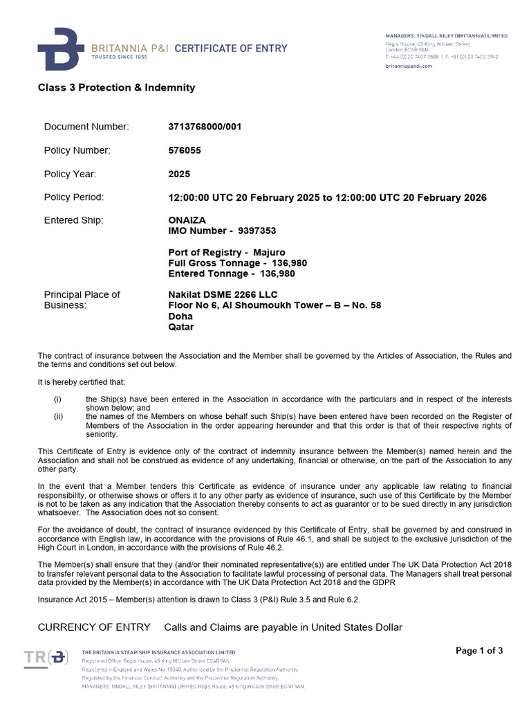I. PnI Certificate of Entry | PDF | Indemnity | Liability Insurance