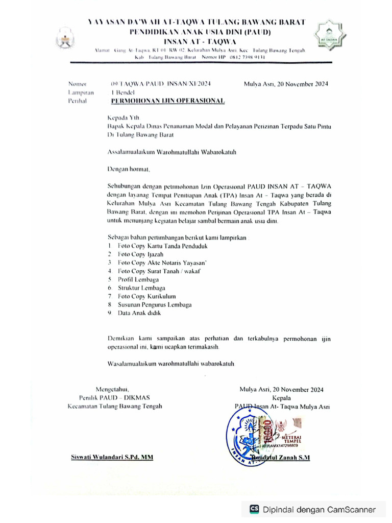 Permohonan Ijin Operasional Paud Insan at - Taqwa | PDF