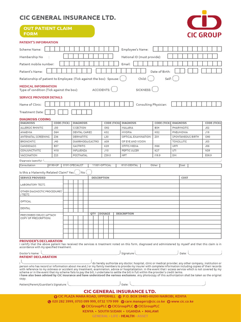 Cic Claim Form | PDF | Medical Diagnosis | Diseases And Disorders