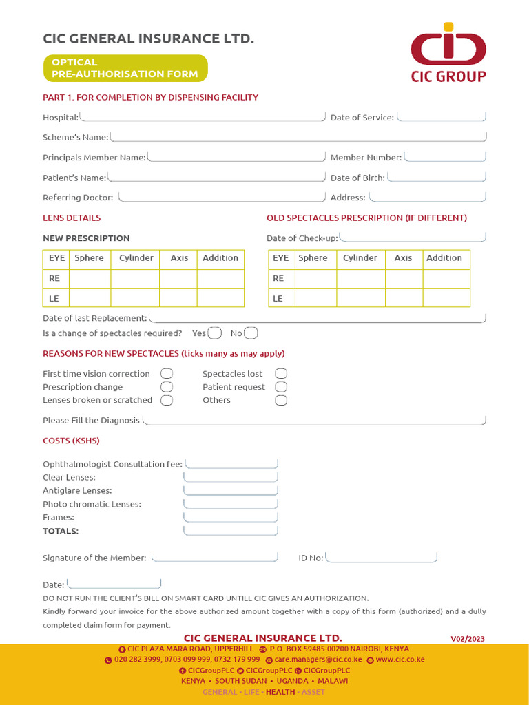 Cic Optical Preauth Form | PDF
