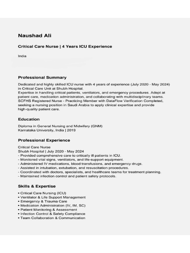 Naushad Ali GNM Prometric Pass | PDF | Intensive Care Medicine | Intensive Care Unit