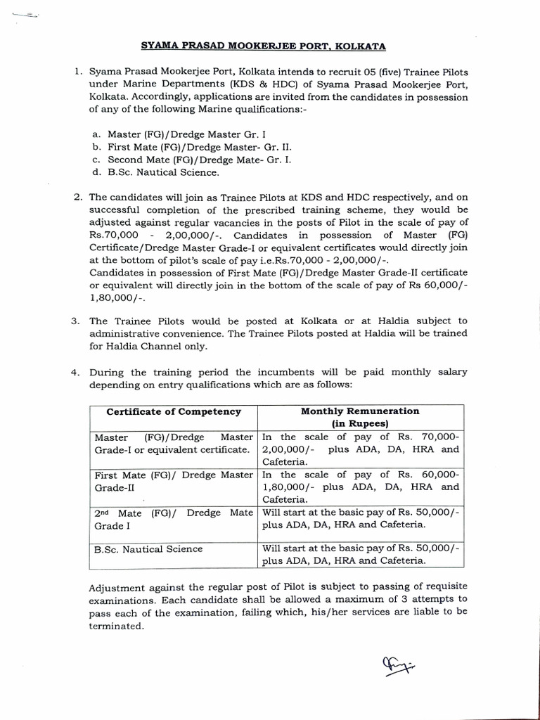 Vacancy Circular For Recruitment of 05 Nos Trainee Pilots Under Marine Deppts of SMP Kolkata | PDF