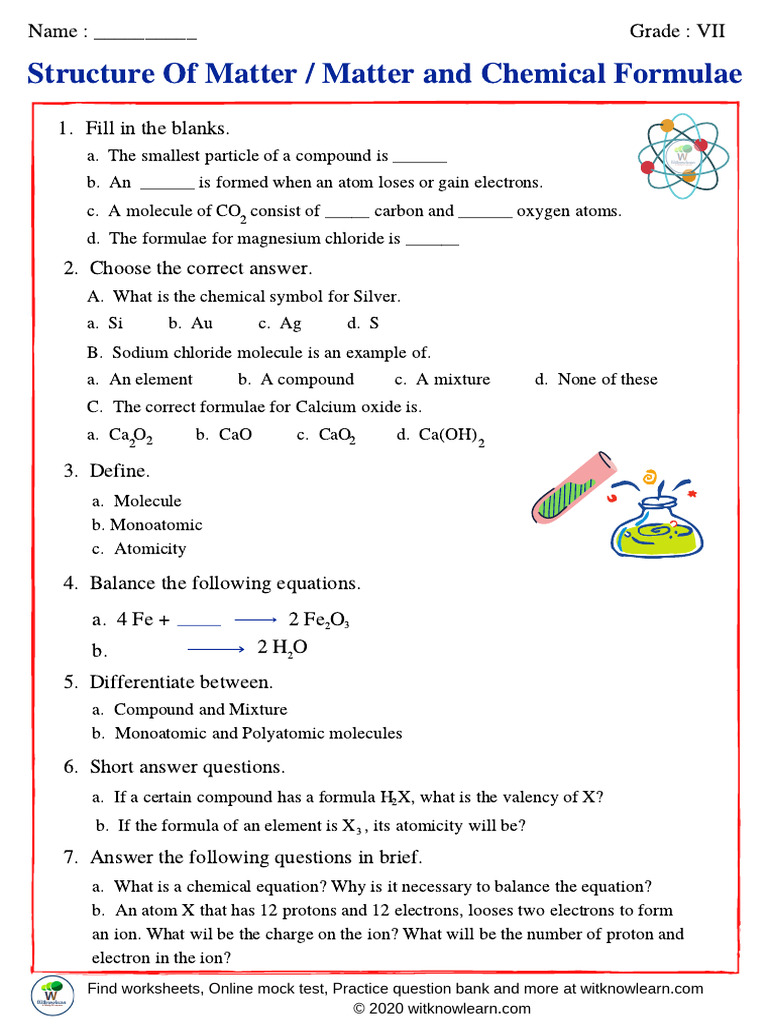 Matter and Chemical Formula Class 7 I Structure of The Matter Worksheet ...