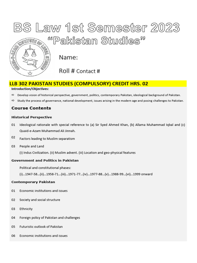 BS Law 1st Semester Pakistan Studies Notes | PDF | Two Nation Theory ...