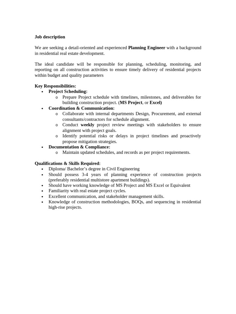 JD - Project Engineer | PDF