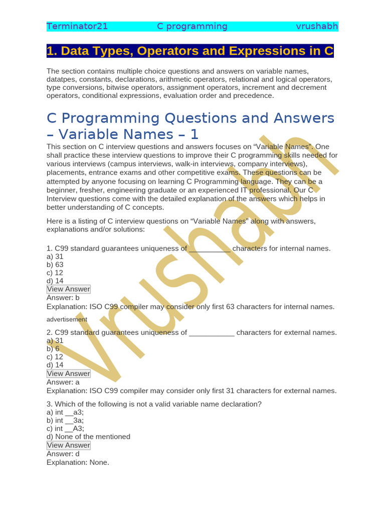 C Programming MCQ Vrushabh RT | PDF | Pointer (Computer Programming) | C (Programming Language)