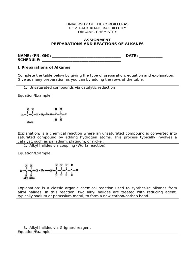 Assignment Alkanes Preparations and Reactions-2 | PDF | Chemical Reactions | Alkane