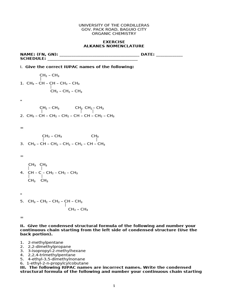 EXERCISE ALKANES NOMENCLATURE | PDF
