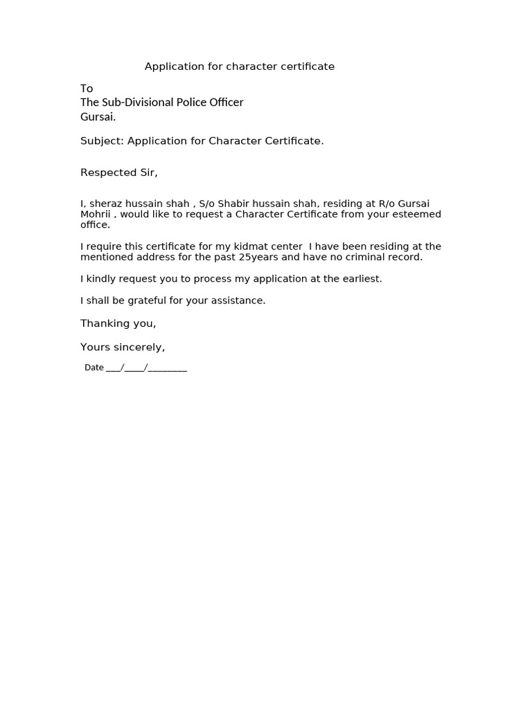 Application For Character Certificate | PDF