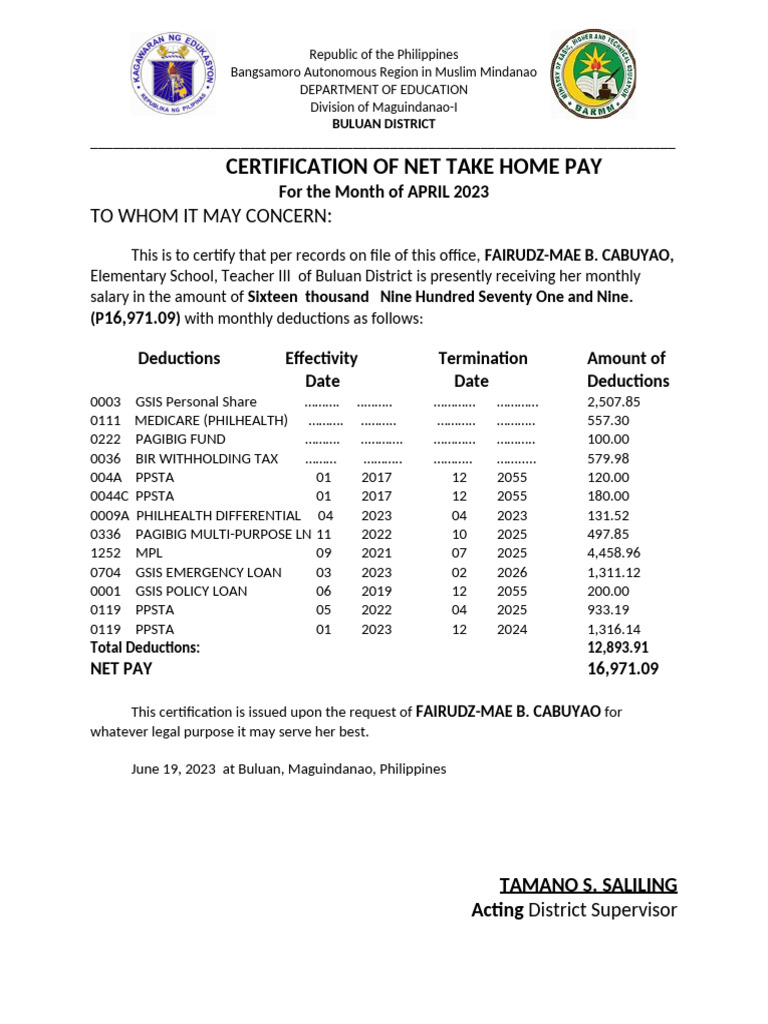 Certification of Net Take Home Pay | PDF | Business | Social Programs