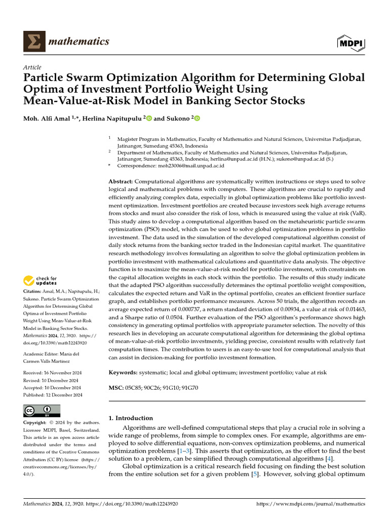 Particle Swarm Optimization Alg. For Determ. Glob. Opti. of Inv. Portfolio Weight Using Mean ...
