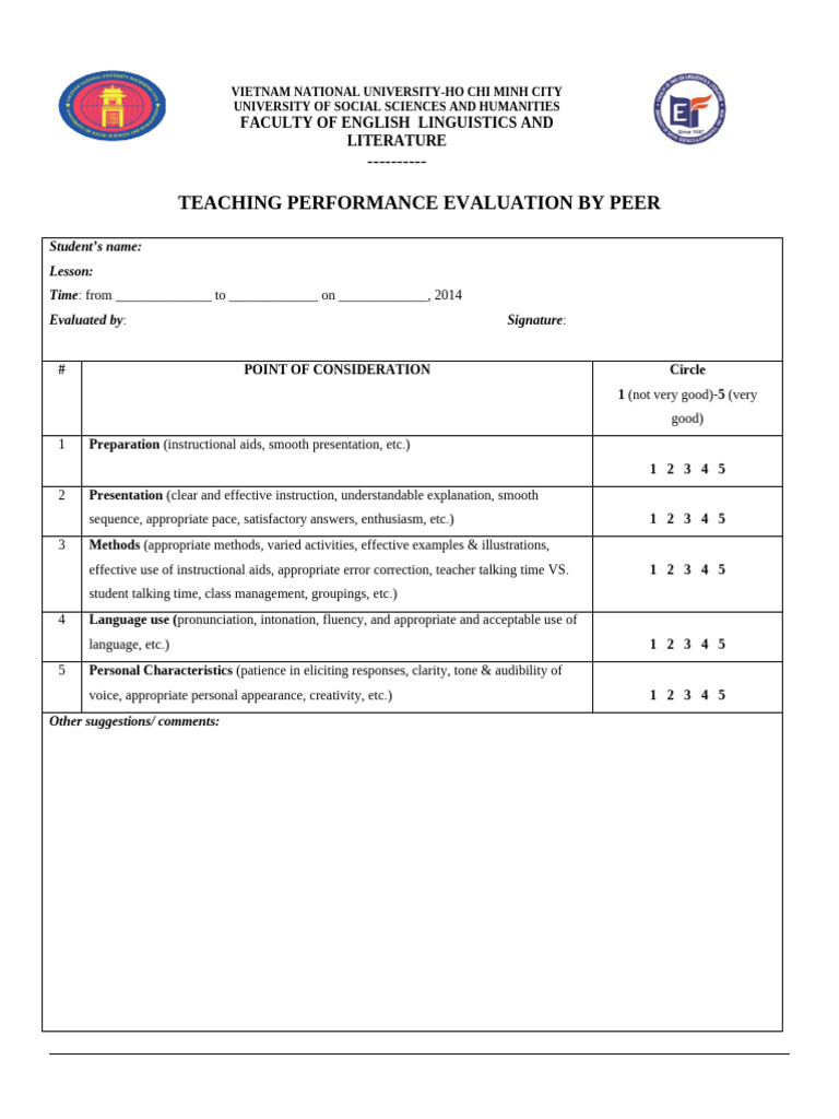 Peer Teaching Evaluation Form | PDF