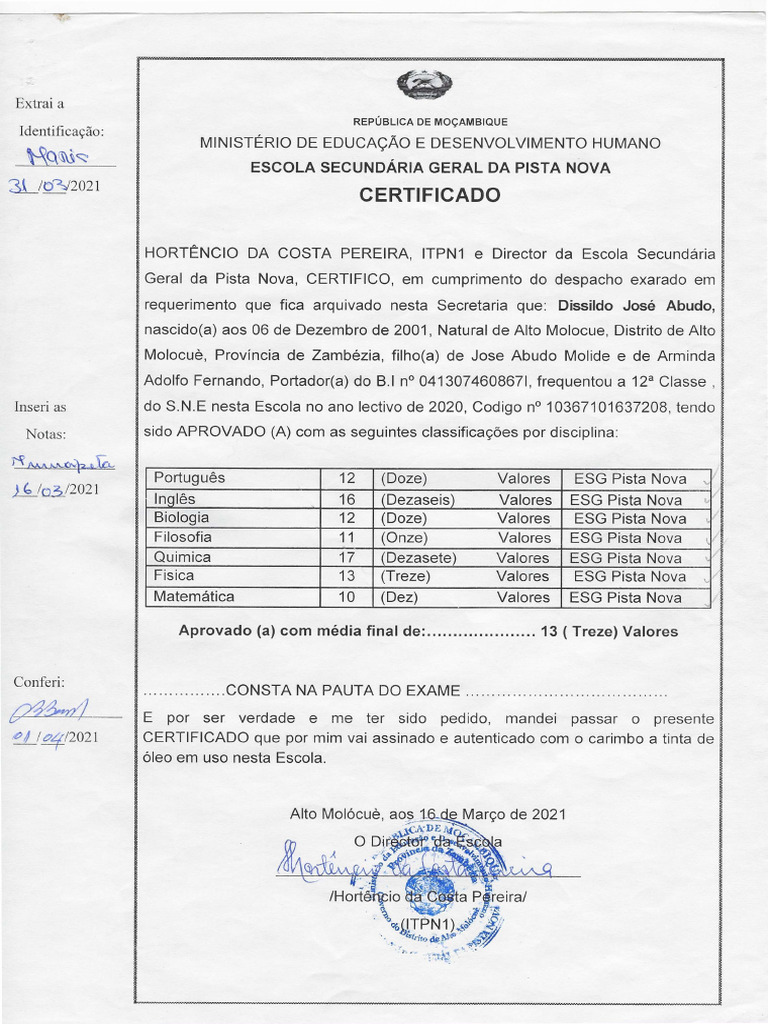 Dissildo Certificado 12 Classe | PDF