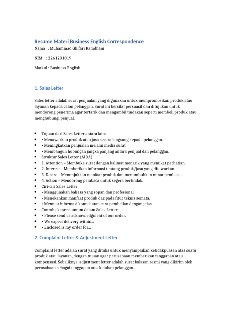 Resume Business English Versi Panjang | PDF