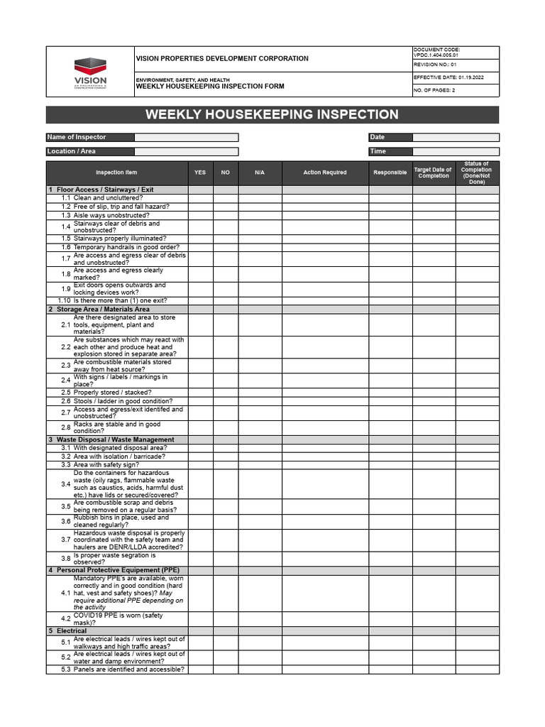 Weekly Housekeeping Inspection Form | PDF | Housekeeping | Dangerous Goods