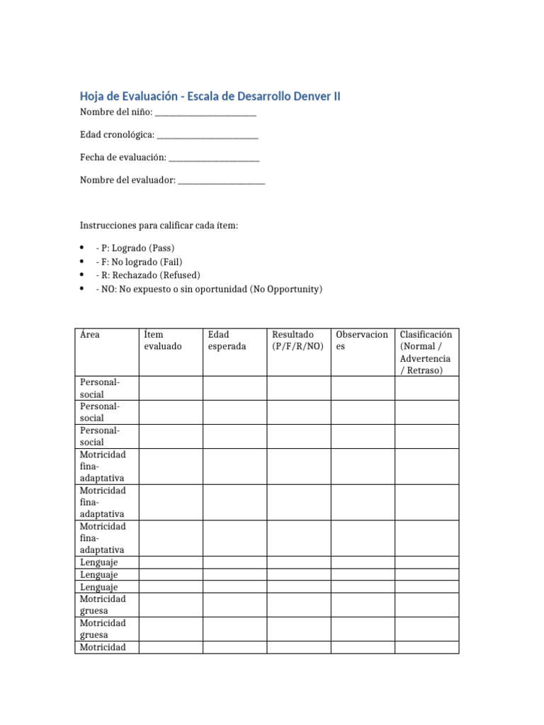 Hoja de Evaluación Escala Denver II | PDF